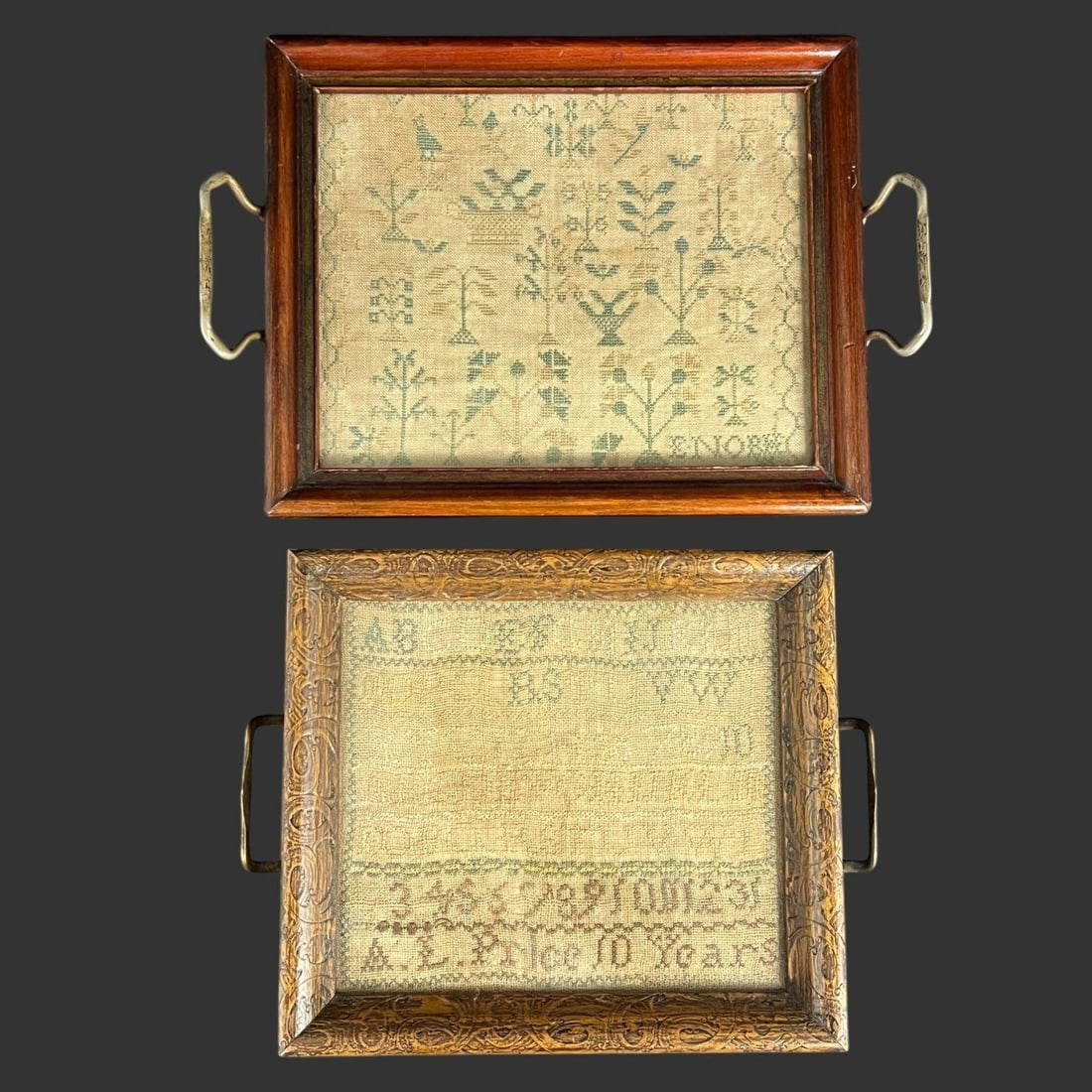 Lot Of 2 19th Century Sampler Needlework Trays Auction