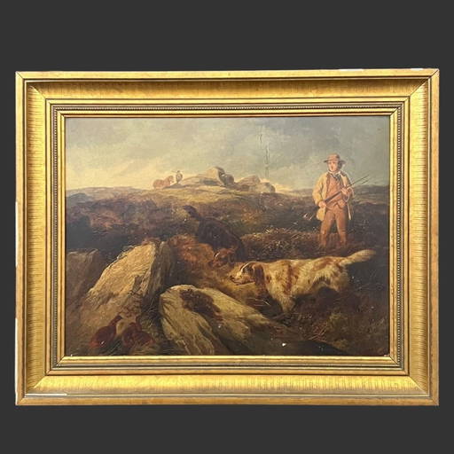 Framed English Hunting Dog Scene Oil Painting