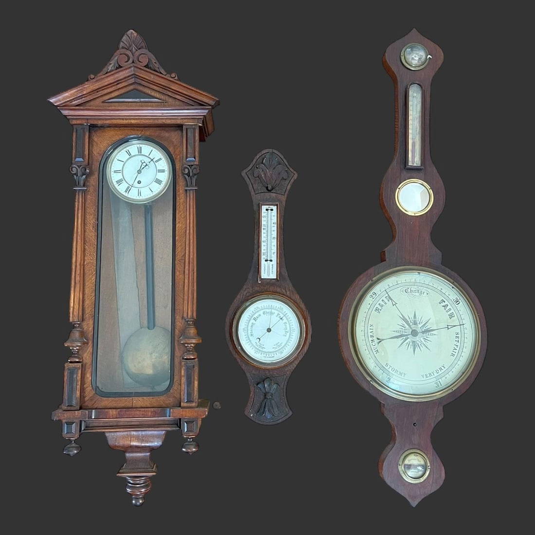 Lot Of 3 Large Wooden Cased Barometers Auction