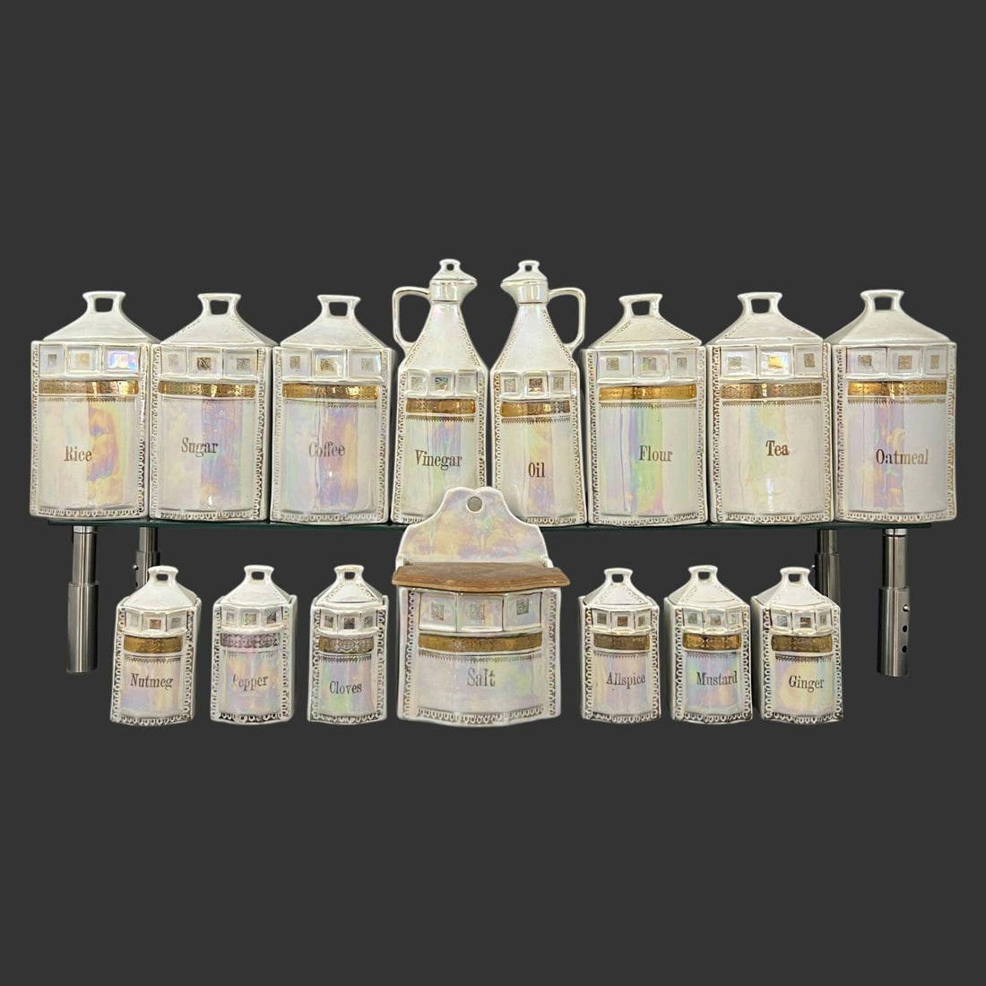 Lot Of 15 German Lusterware Jars And Spice Set Auction