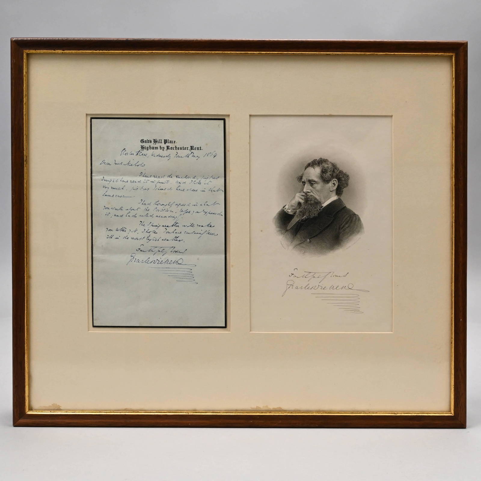 Charles Dickens Framed Letter And Autograph, 1864 Auction