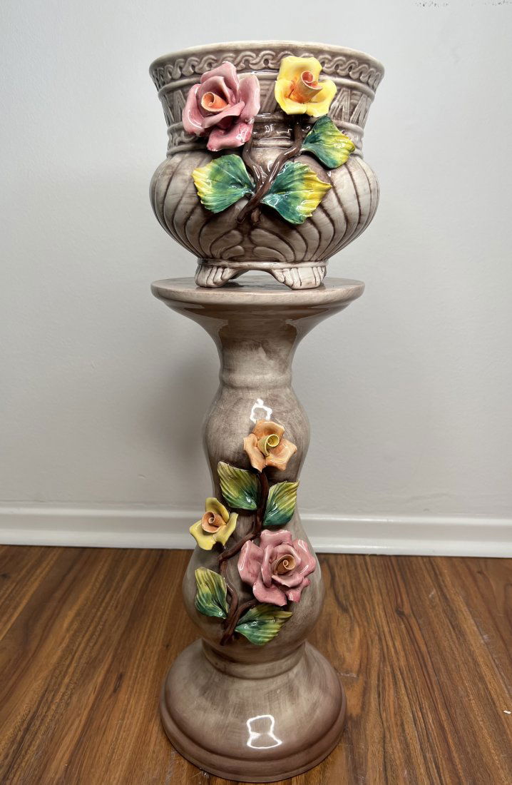 Italian Capodimonte Porcelain Flower Planter And Pedestal