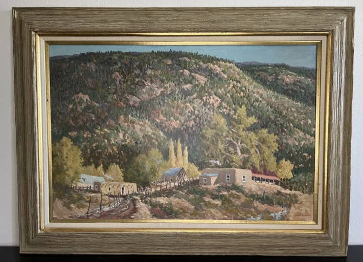 1986 Authentic Oil Landscape Adobe Houses Painting By Ralph Leyba