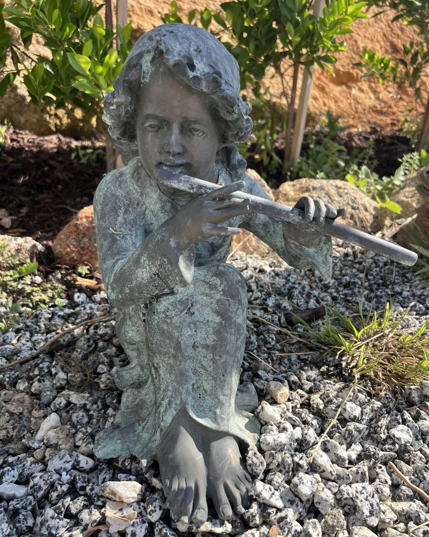 Bronze Girl Fairy Playig Flute Sculpture