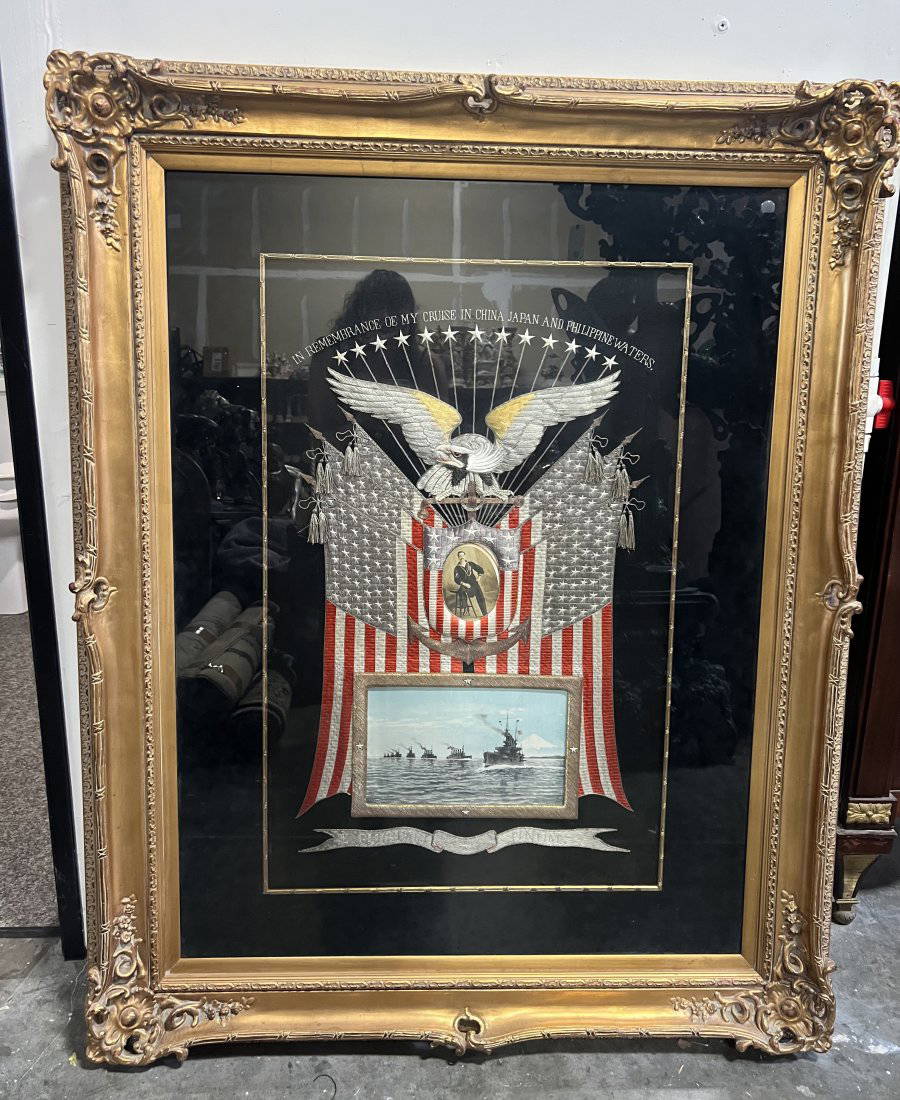 Framed Japanese Silk Naval Embroidery Memorabilia C. 1905 Auction
