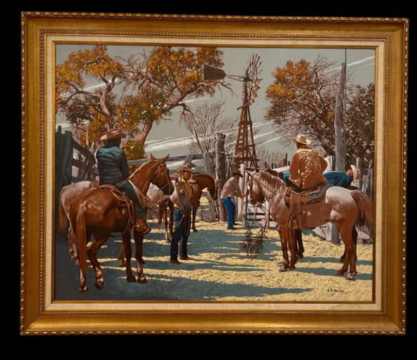 1984 Huge Cowboys Oil Painting By Lawrence Benjamin Porter