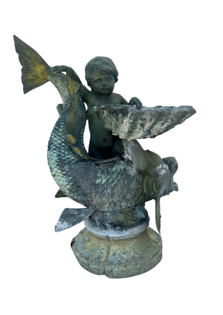 Life Size Bronze Dolphin And Putto Nautical Fountain Auction