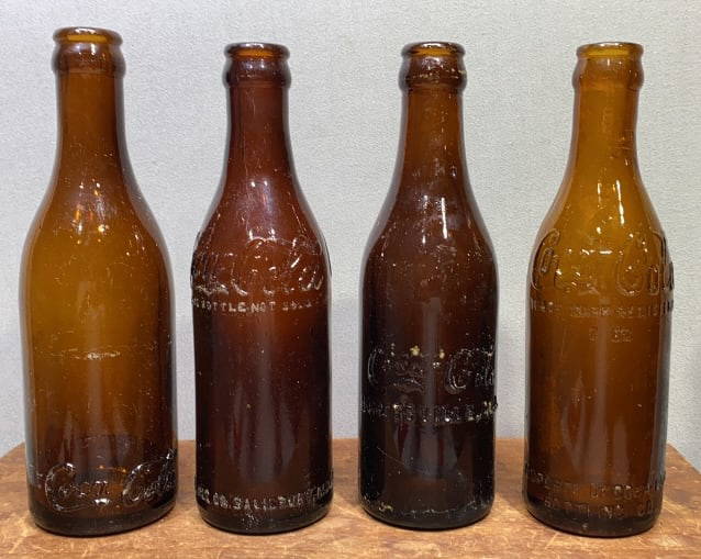 4 Early Colored Coca Cola Bottles ~ 2 Local
