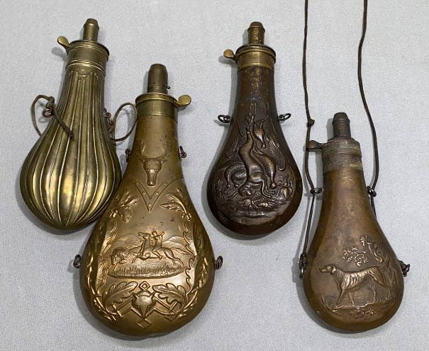 4 Antique Brass Powder Flasks Auction