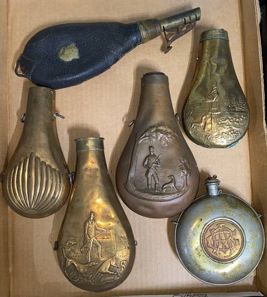 Lot Of Various Antique Powder / Shot Flasks Auction