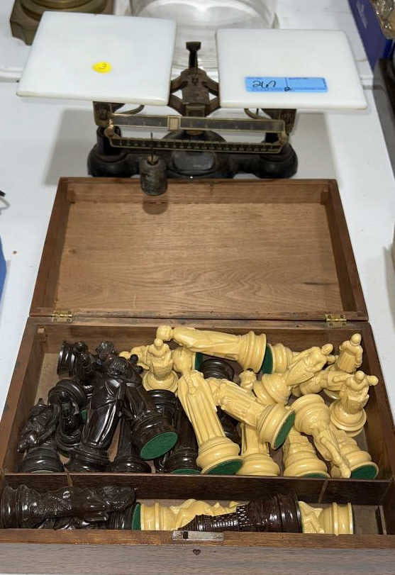 Scales & Walnut Box W/ Chess Set Auction