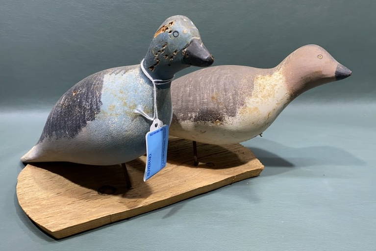 Pair Carved Pigeons On Board