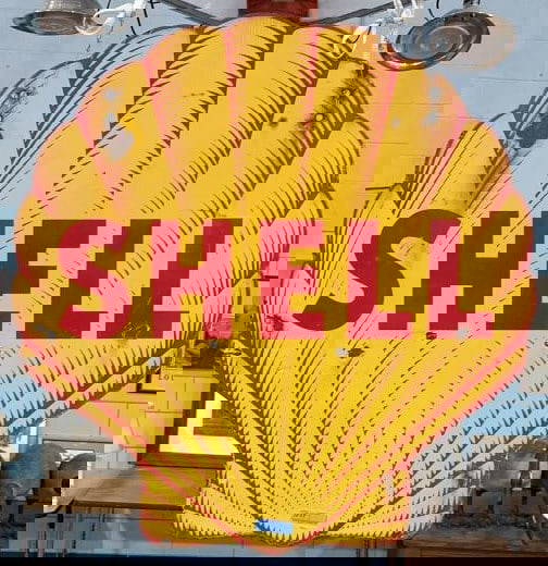 Lg Vintage "shell" Porcelain Double Side Sign Auction