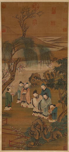 A Chinese Friend Meeting Carrying Qin Instrument Painting, Wang ...