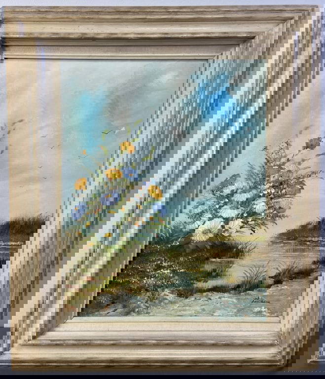 Seascape Oil Painting In Frame Signed Thompson Painting Of A Beach With ...