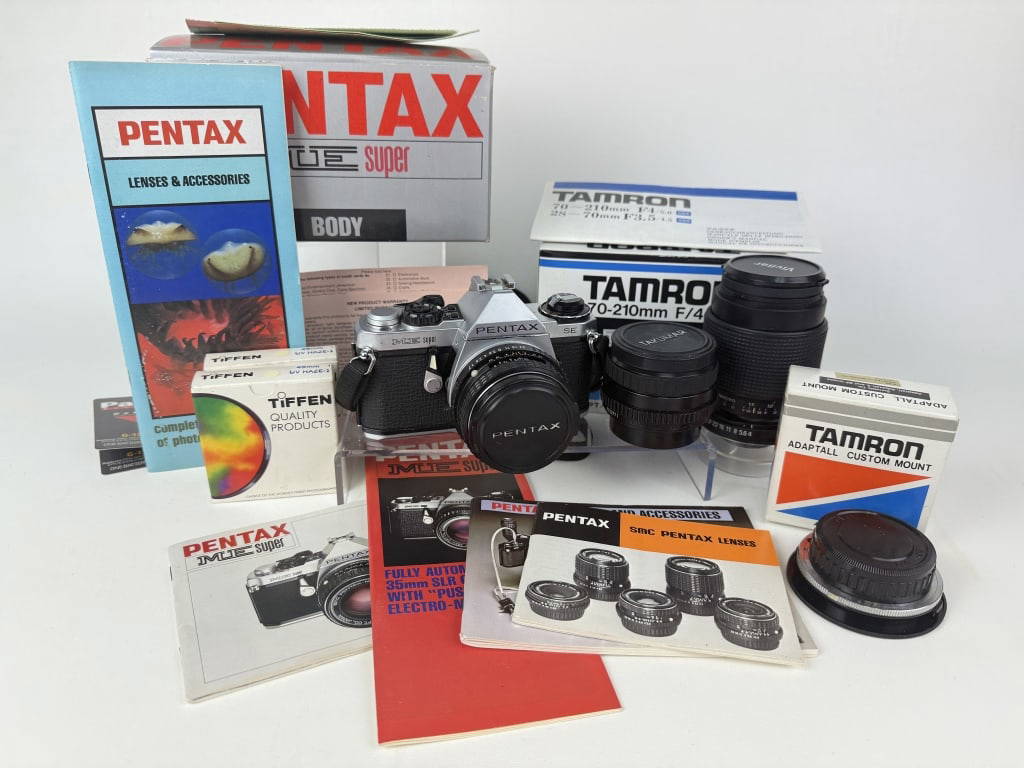 Vintage Pentax Me Super 35mm Camera Lot Includes 3 Lenses Some Filters ...