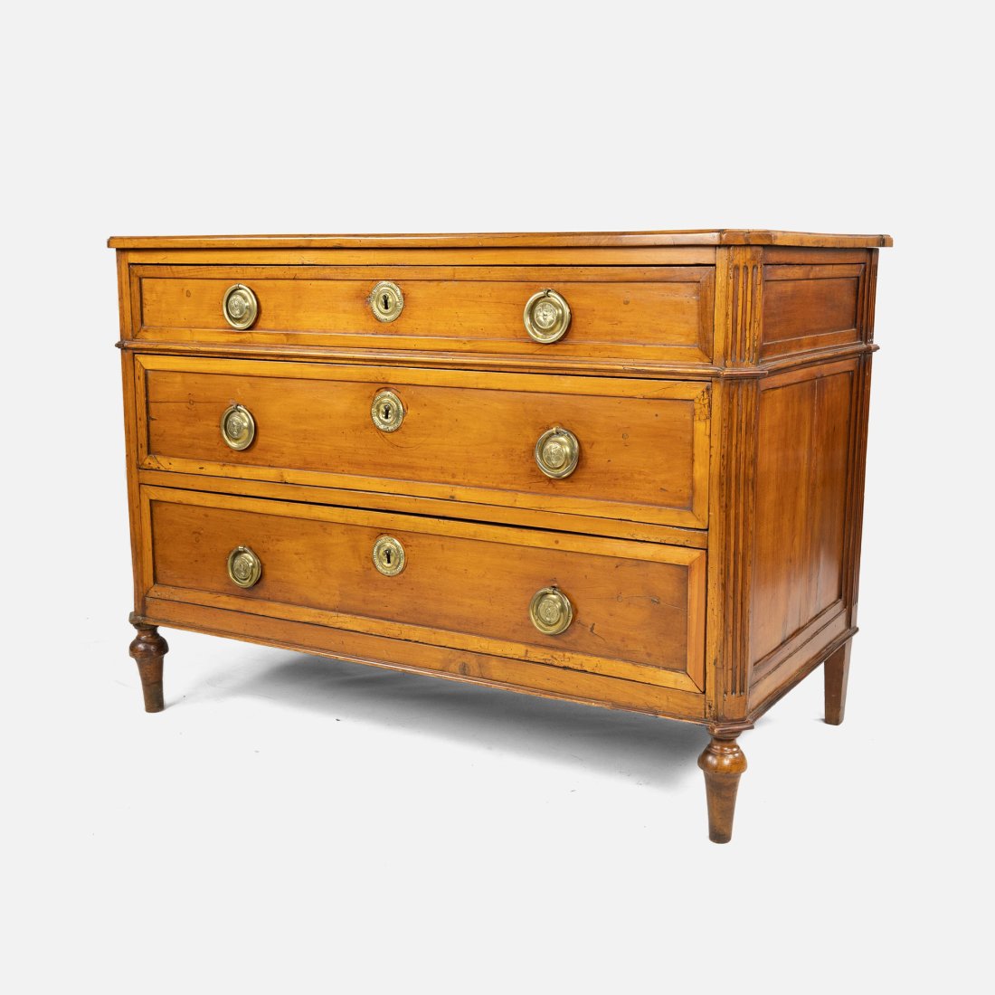 Antique 19thc French Directoire Style Golden Walnut Three Drawer Commode