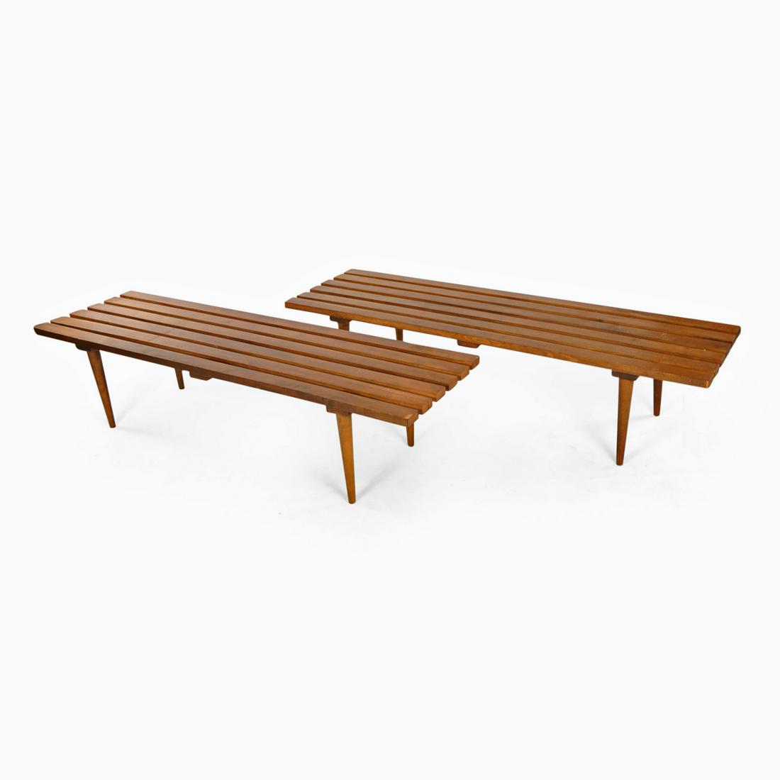 Pair 1950s Mid Century Modern Birch Wood Slat Benches