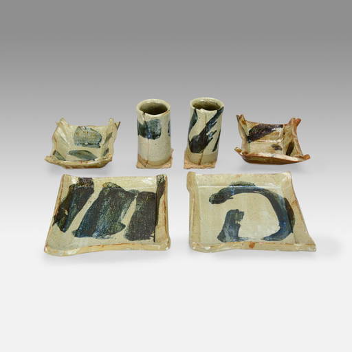 Post War 20thc Japanese Studio Art Pottery Stoneware Slab Built Set