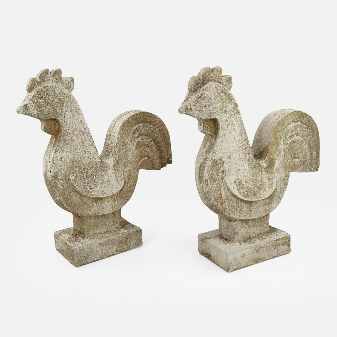 Pair Of Fantastic Mcm Poured Stone Molded Concrete Garden Roosters