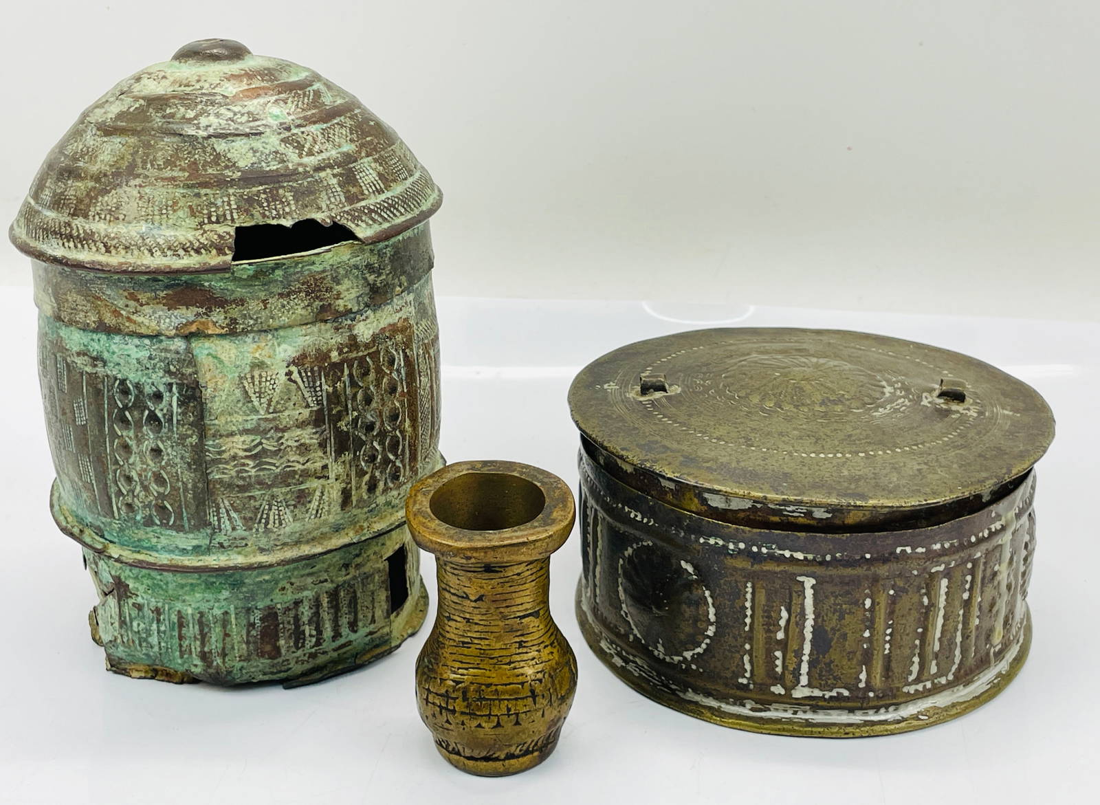 Three Akan Tribal Brass African Containers Forowa Boxes And A Dan Snuff ...