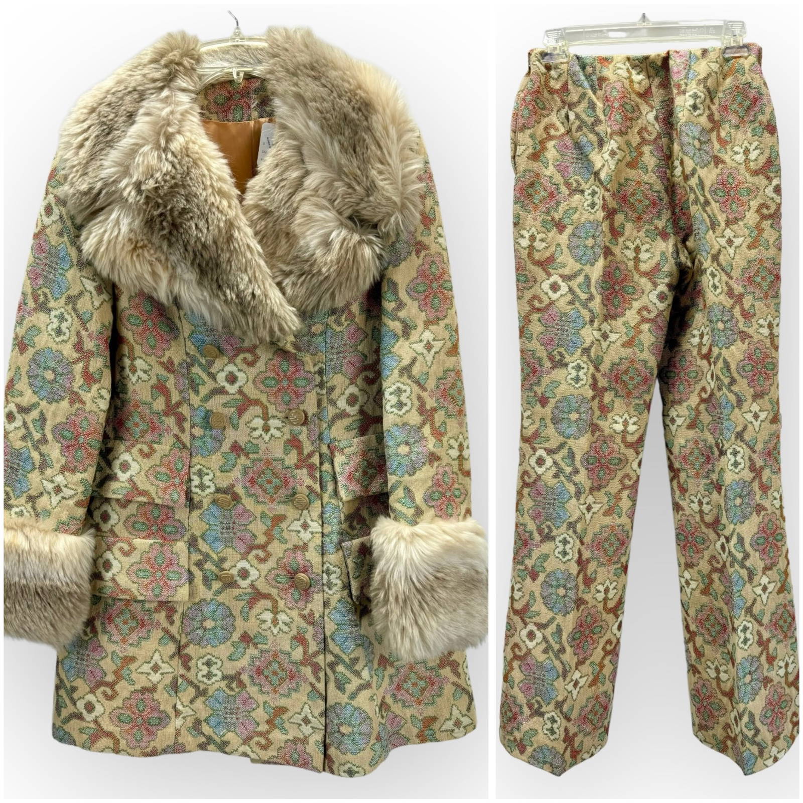 Vintage Mod Beige/multi Carpet Bagger Coat With Faux Fur Collar And ...