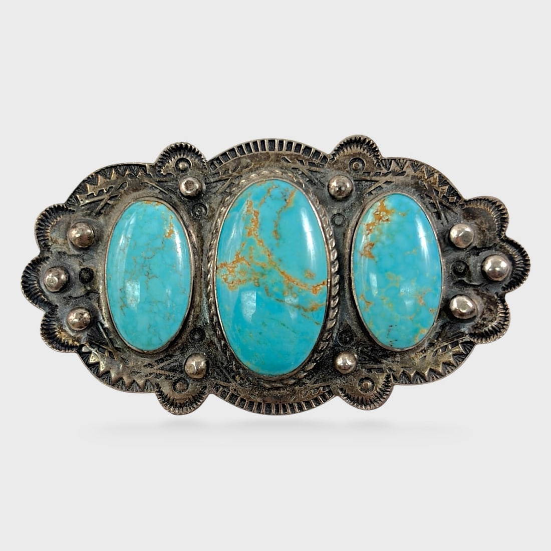 Old Navajo Pawn Silver & Turquoise Native American Brooch Stampwork Pin ...
