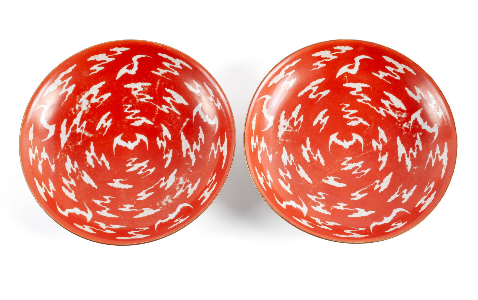 Pair Of Coral Ground Reverse-decorated Bat Dishes Auction