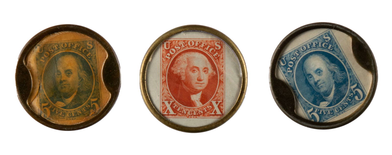 Group Of Three Encased Stamp Advertising Tokens Auction