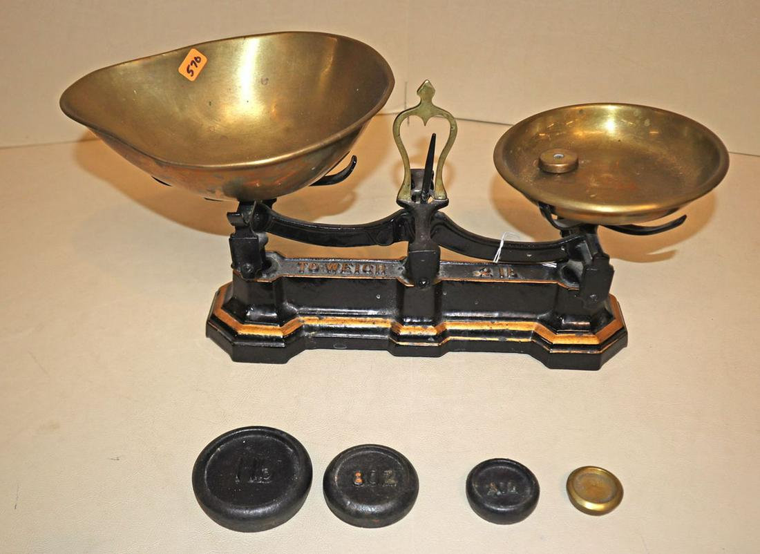 Antique 2 Lbs Ci & Brass Beam Scale & Weights