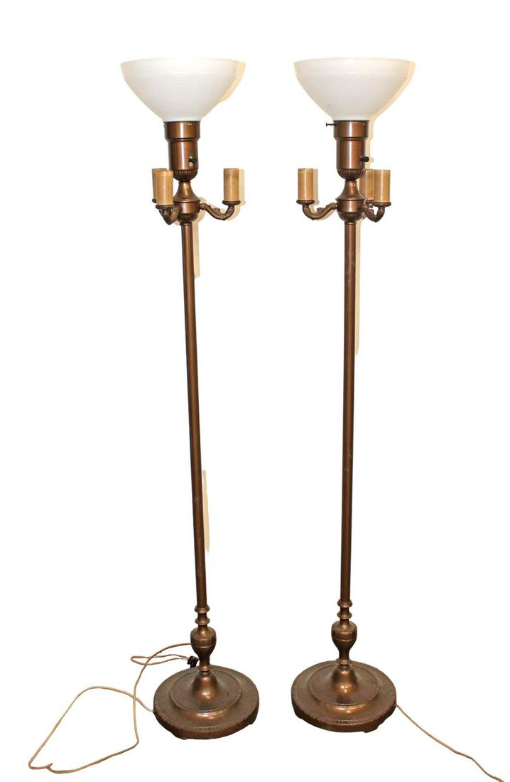 Pair Of Vintage 4 Burner Torch Lamps With Glass Shades