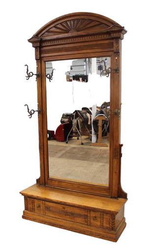 Antique Oak 1 Drawer Pier Mirror Hat Rack With Good Hooks