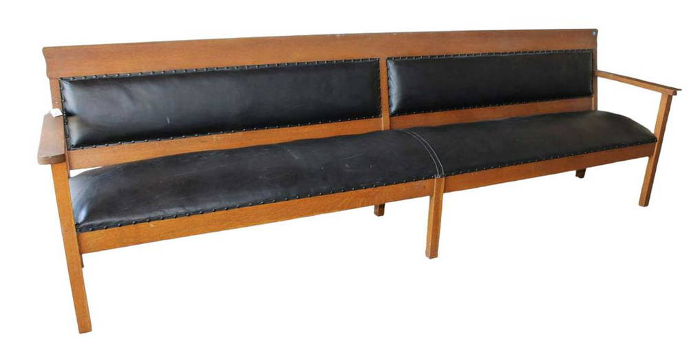 Large Antique Oak Railroad Bench With Leather Seats