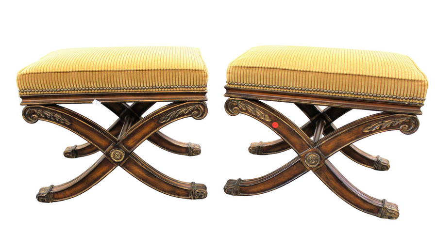 Pair Ethan Allen X Frame Upholstered Stools With Industrial Tacking ...