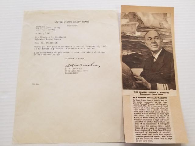 Signed Letter From Vice Admiral Russell R. Waesche