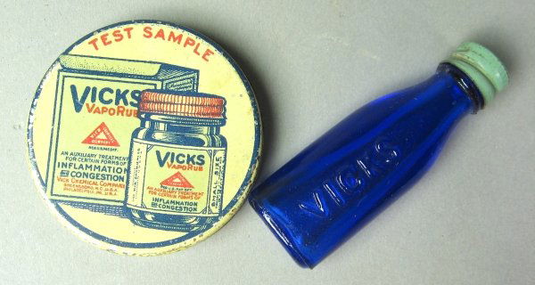 292: Vintage Vicks Vapor Sample Tin & Blue Bottle