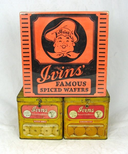 427: 2 Ivins Cookie Tins & Spiced Wafers Box