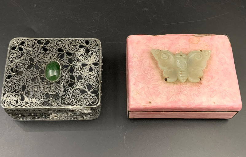 Chinese Antique Enamel Box With Jade Embedded And Silver Carved Box ...