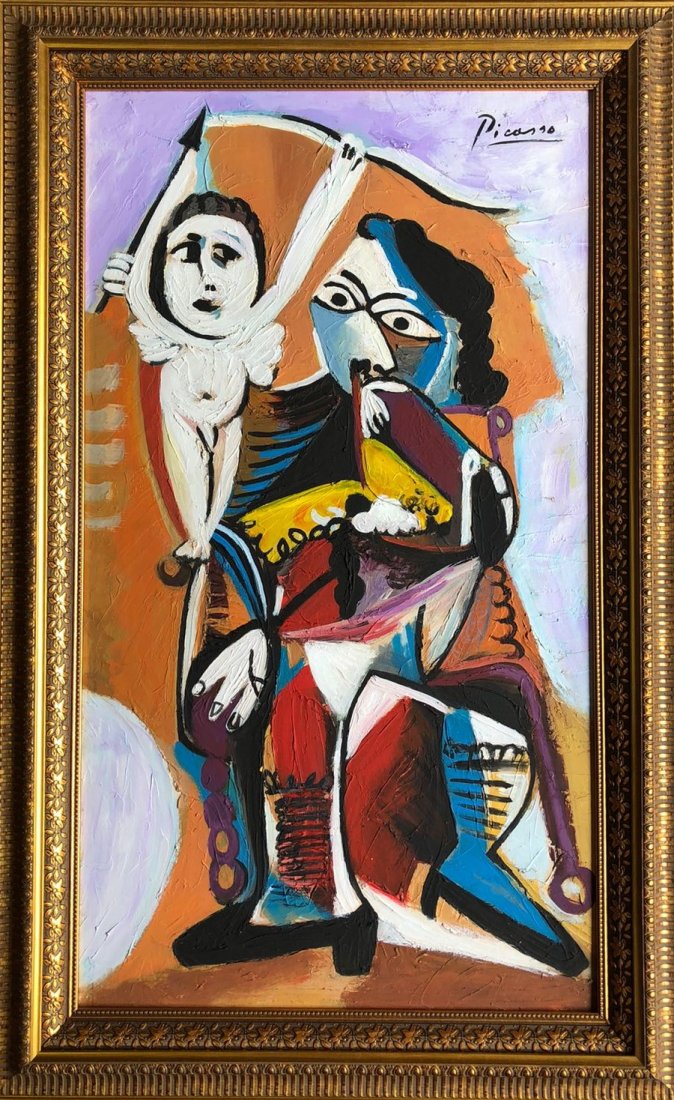 Pablo Picasso (oil On Cardboard Painting) 15x26.1in In The Style Of