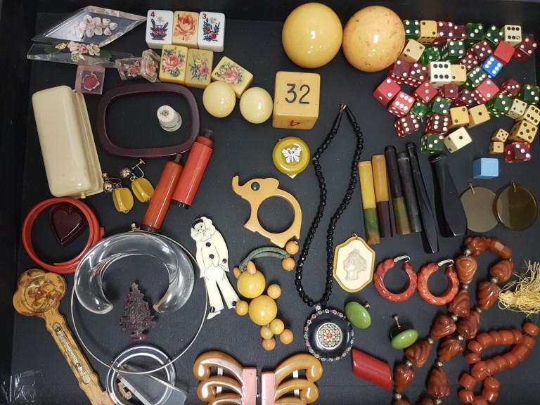 Large Group Of Vintage Bakelite Items Crib Toy, Dice,