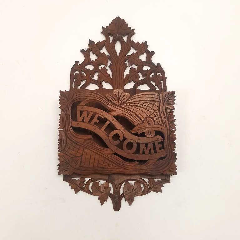 Antique Victorian Oak Walnut Welcome Wall Magazine Rack 32" X 18" Auction