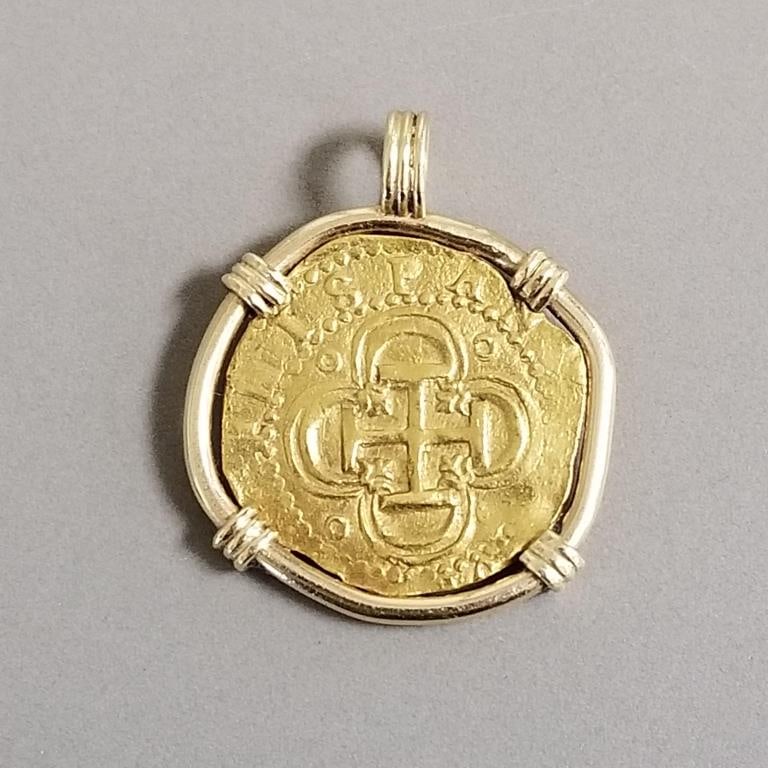 Antique Spanish Doubloon Gold Coin Pendant In 14k Bezel 11.4 Grams, 1 1 ...