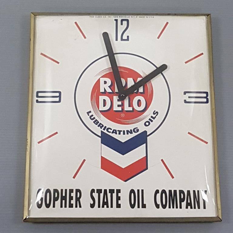 Rpm Delo Clock - Gopher State Oil Company 15 1/4"x 17 3/4" Auction