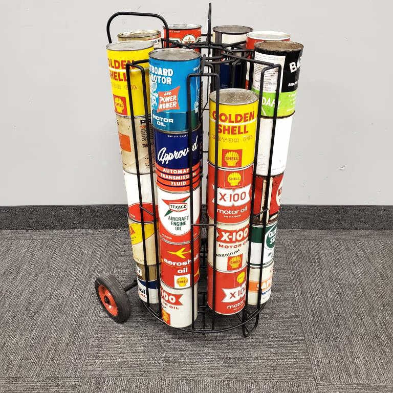 Vintage Oil Can Display Rack On Wheels With 39 Oil Cans Including ...