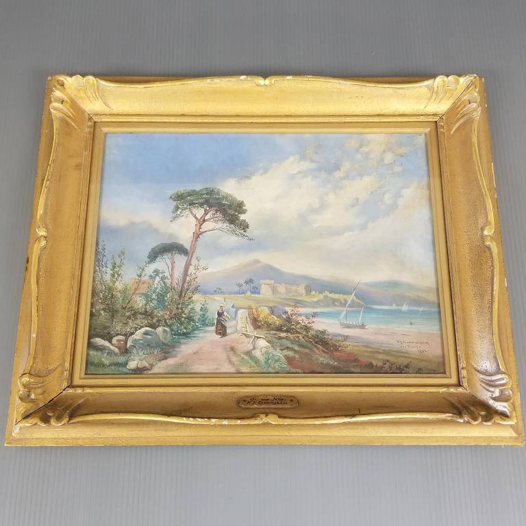 P.j. Cunningham Signed Ornately Framed Oil Painting On Canvas Under ...