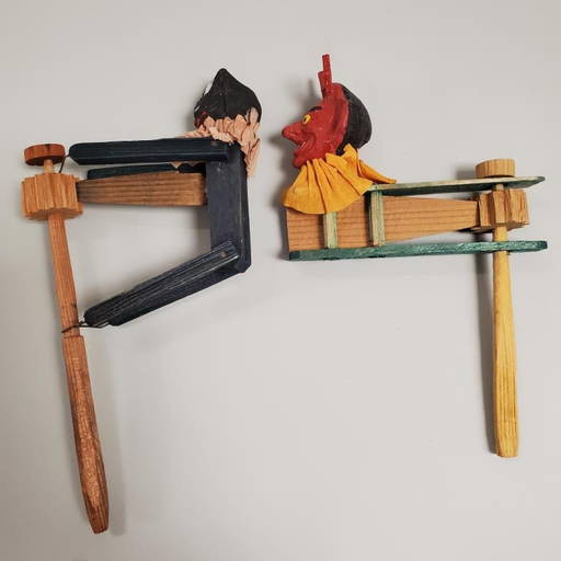 2 Vintage German Wood Ratchet Noisemakers: Devil Head & A Black Cat 7"t