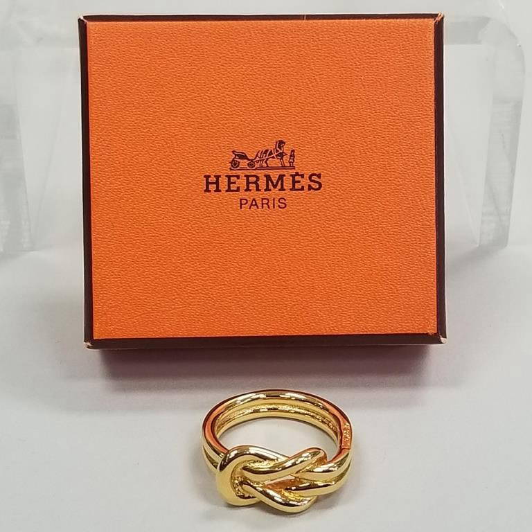 Hermes Knot Scarf Ring In Gold Tone Metal With Box Auction