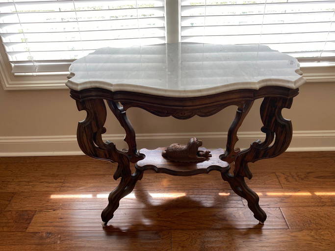 Victorian Walnut Marble Turtle Top Parlor Table