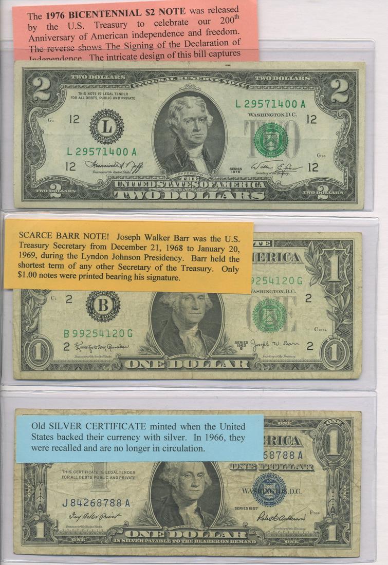 Three Notes United States One And Two Dollar Notes