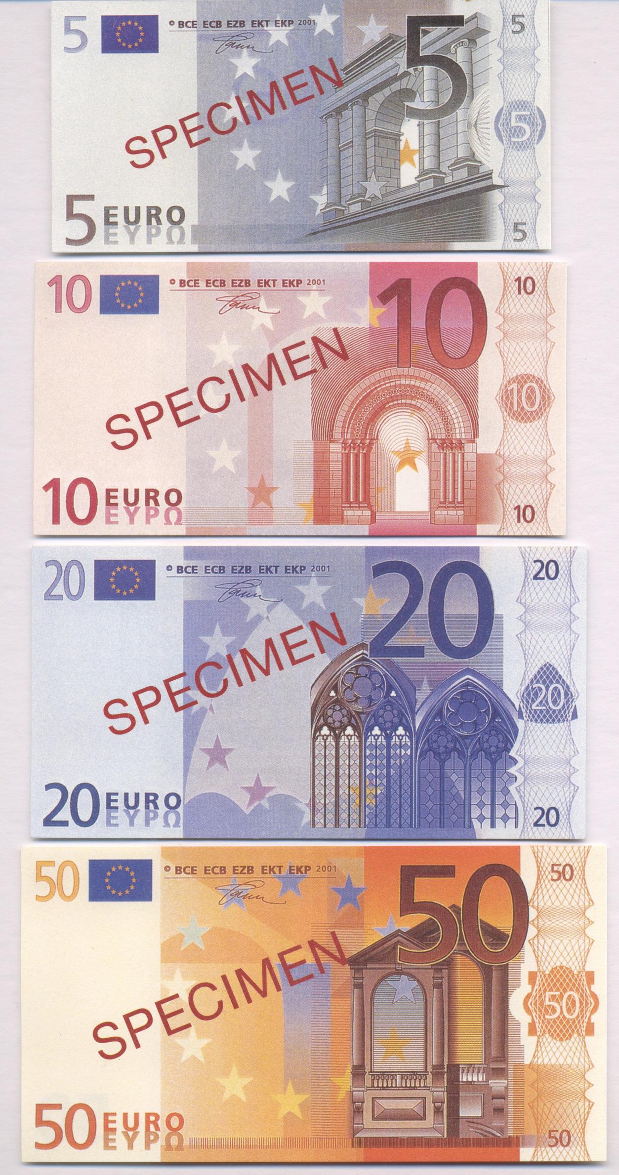 2001 Euro Specimen Set Of Seven Uncirculated Notes